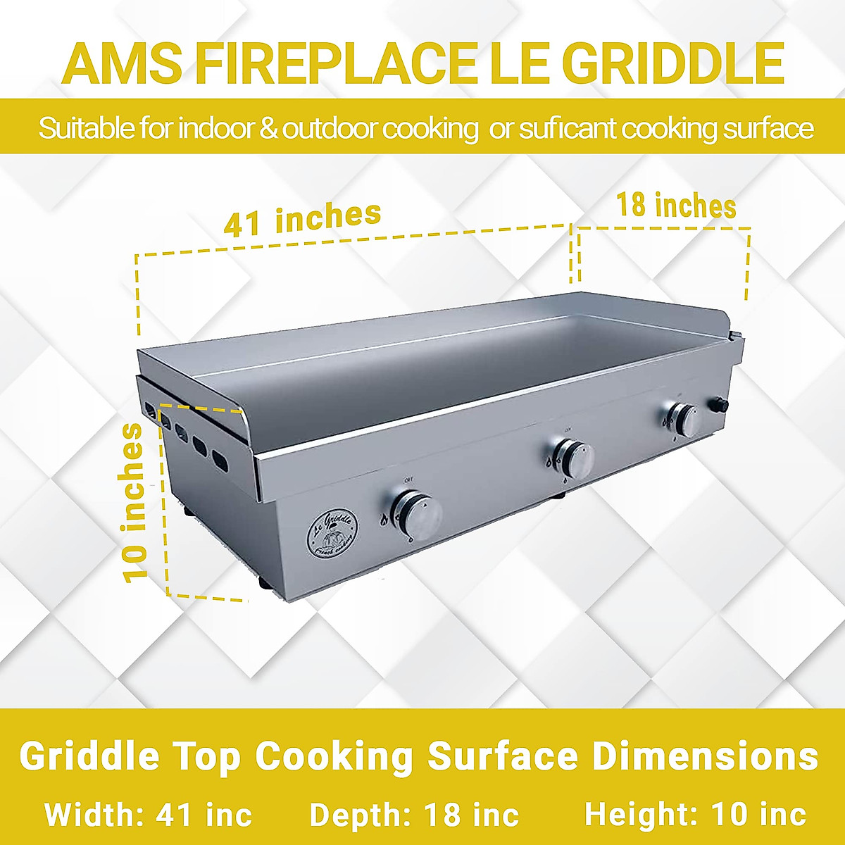 AMS Fireplace Le Griddle | 3 Burner Outdoor 304 Stainless Steel Griddle 41" | (Natural Gas, Three Burner Griddle) 21,000 Btu's Tasty Cooking - Outdoor Clothing Cover Included. Made in France (GFE105)