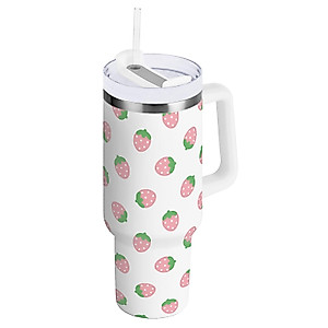 YNNALE 40 oz Tumbler with Straw & Handle - 2 in 1 Lids Leak Proof Tumblers - Large Insulated Stainless Steel Cup - BPA-Free Water Bottle Travel Metal Mug for Women Man,Cute Light Pink Strawberry