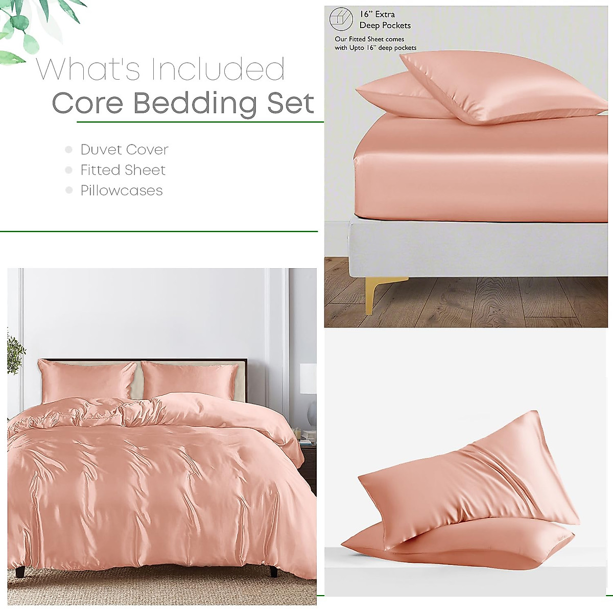 Linenwalas Tencel Lyocell Duvet Cover Set with Deep Pocket Fitted Sheet, Viscose Made from Eucalyptus Soft, Lightweight and Breathable Complete Bedding Set (Rose Gold, Queen)