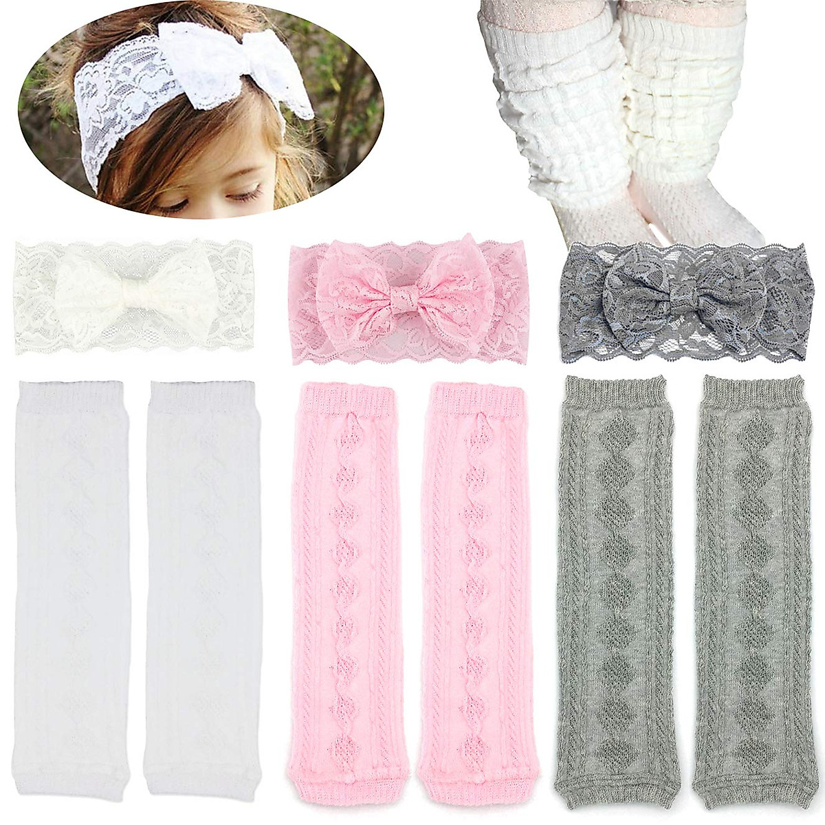 Elesa Miracle 3 Pairs Knitted Baby & Toddler Cozy Soft Argyle Leg Warmers and Baby Lace Bow Headband Value Set