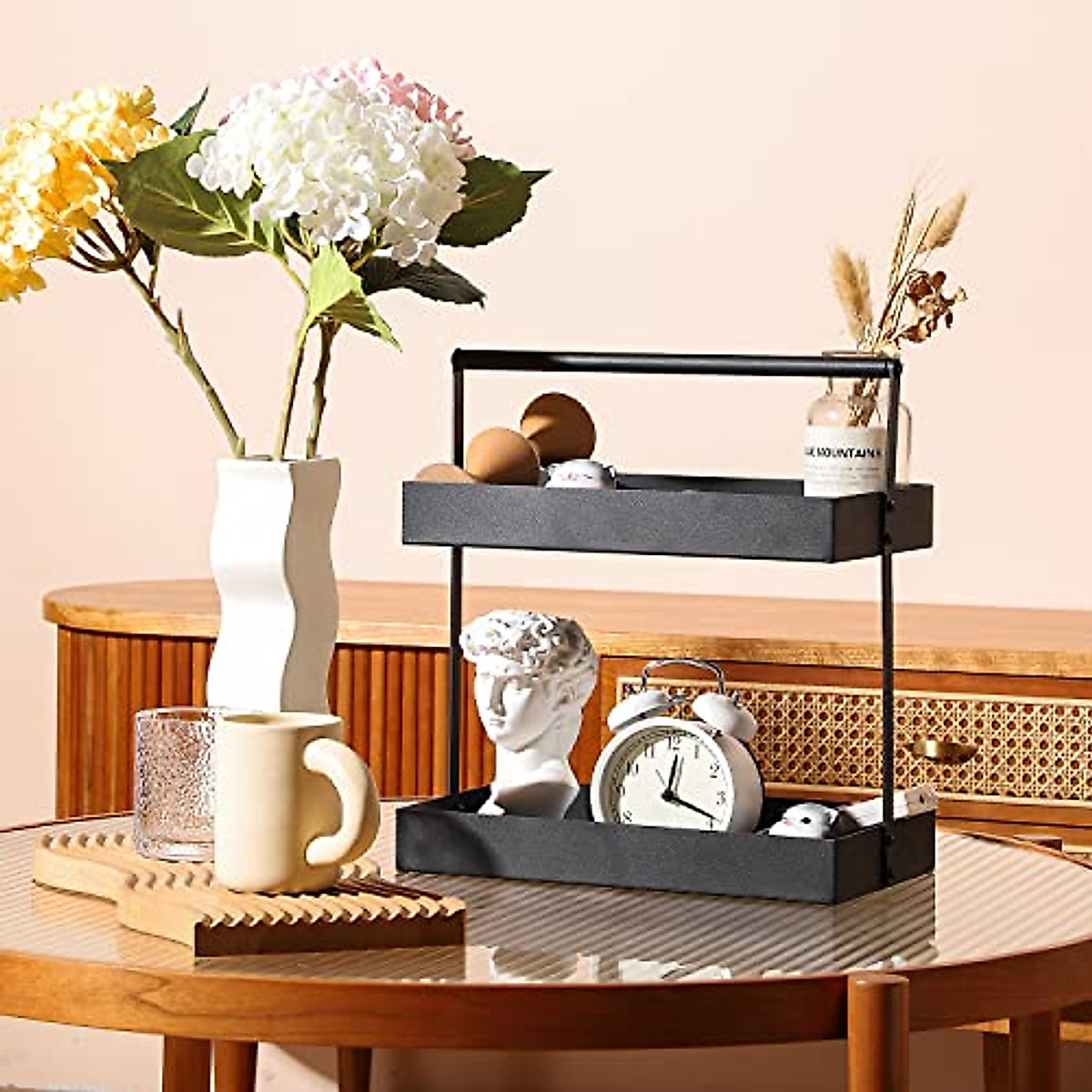 YANBETTER 2 Tier Bathroom Countertop Sink Vanity Trays, Black Makeup Organizer for Bathroom Supplies Kitchen Spice Rack Countertop Storage Shelf Cosmetic Vanity Storage Tray (black2)