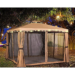 Skiway 10'x 10' Patio Gazebo Canopy Outdoor Tent Shelter with Double Square Tops, Shade Curtains and Mosquito Netting -Brown, Front Porch