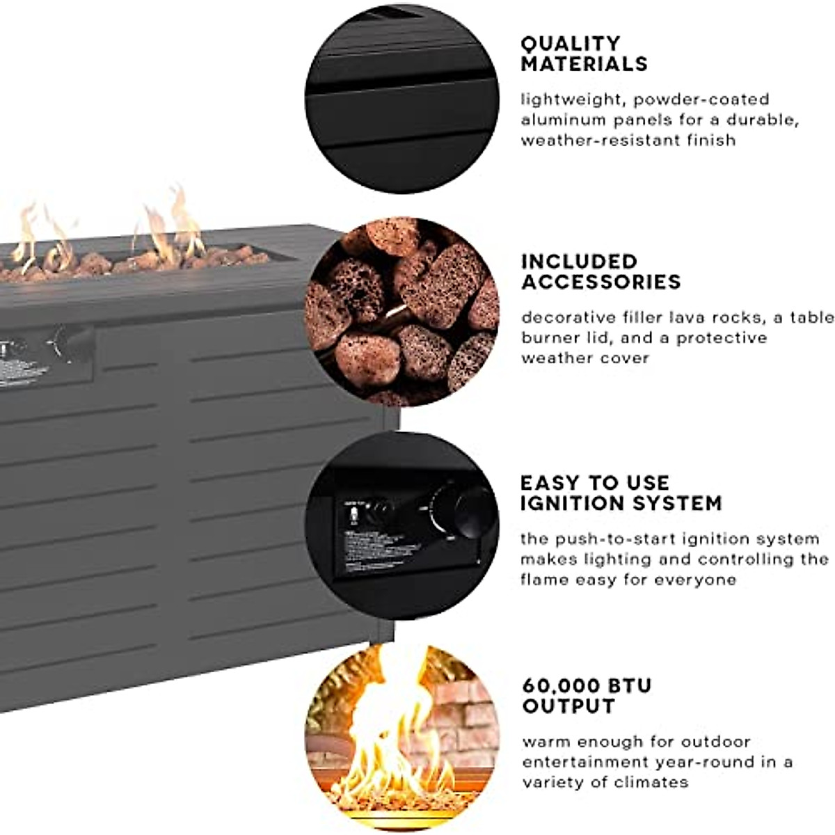 42" 60000BTU Outdoor Gas Propane Fire Pit Retangular Firepit Table withTabletop and Weather Cover, Indoor Outside Firepit Table w/ Lava Rock for Garden Courtyard Backyard Deck Poolside Party