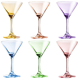 The Wine Savant Martini Glasses Set of 6, 8oz, Crystal Luxury Martini Glass - Elegant Colors, Hand-Blown, Art Deco Cocktail Colored Coupes For Manhattan, Cosmopolitan, Sidecar, Stemmed Goblets