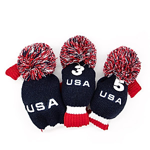 3pcs Pom Pom Golf Headcovers, 1 3 5 Golf Wood Headcovers Set, Knitted Golf Club Head Cover, Long Neck Golf Club Case Protection, Patriotism US Flag Pattern