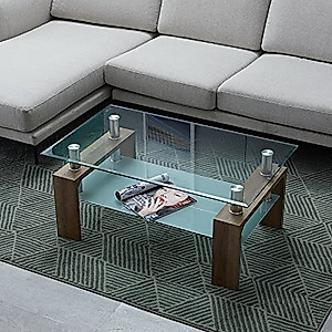 CLIPOP Rectangle Glass Coffee Table w/Tempered Glass Tabletop Stainless Steel Tube, 2-Tier Tea Table, Modern Center Side Table w/Lower Shelf & Wooden Legs for Living Room Guest Reception Room, Oak