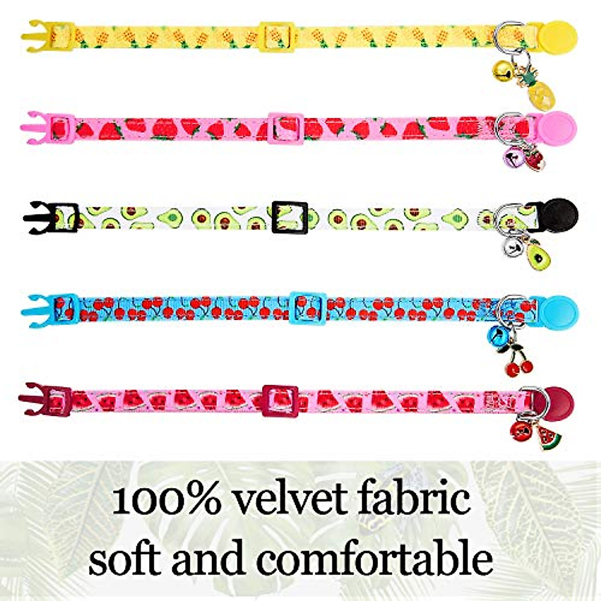 5 Pieces Breakaway Cat Collars with Bell Colorful Summer Fruit Style Adjustable Pet Collar with Pineapple Watermelon Cherry Strawberry Avocado Patterns for Kitten Kitty Cat Tropical Hawaii Party (S)