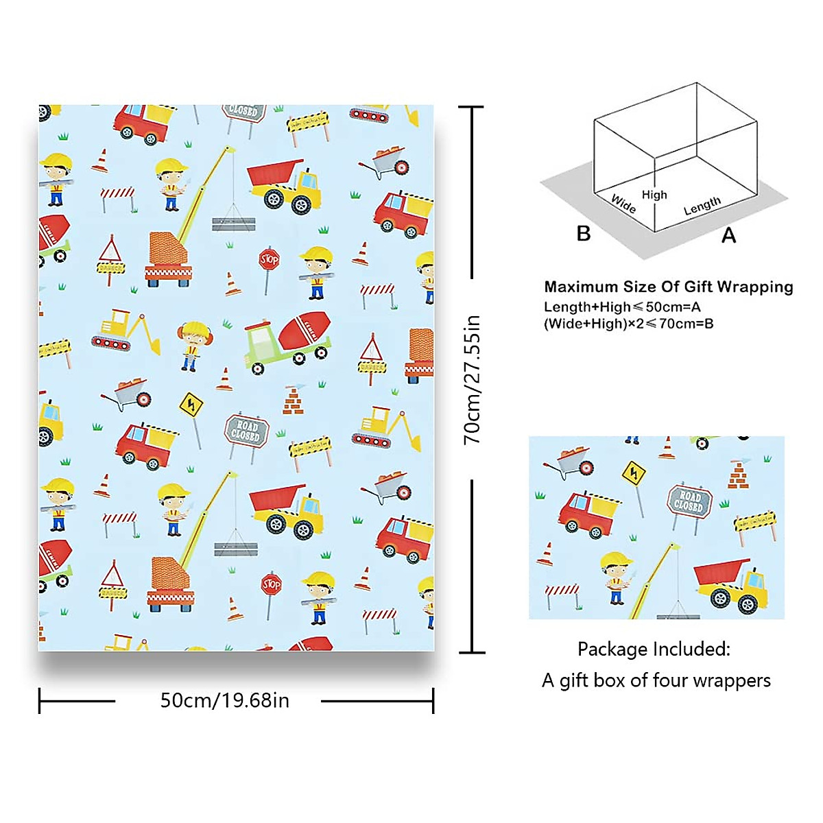 Road Under Construction Tractor Truck On Light Blue Wrapping paper for Kids Boys Men Birthday Party Baby Shower Holiday Christmas Gift Wrap - Folded Flat 30 x 20 Inch - 4 Sheets