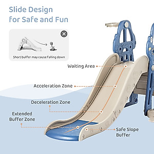 4 in 1 Toddler Slide and Swing Set, Kid Slide for Toddlers Age 1-2, Baby Slide with Basketball Hoop, Indoor Outdoor Slide Toddler Playset Toddler Playground– Blue