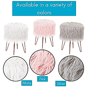 BIRDROCK HOME Pink Faux Fur Vanity Stool Chair - Soft Furry Compact Padded Seat - Vanity, Living Room, Bedroom and Kids Room Chairs - Hair Pin Metal Legs Upholstered Decorative Furniture Foot Rest