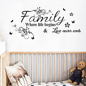 Wall Stickers, Home Decorations for Living Room, Family Where Life Begins & Love Never Ends, Letters for Wall Decor Word Sticker Decal Peel and Stick for Classroom Home Bedroom Family Office Wall Art Decor