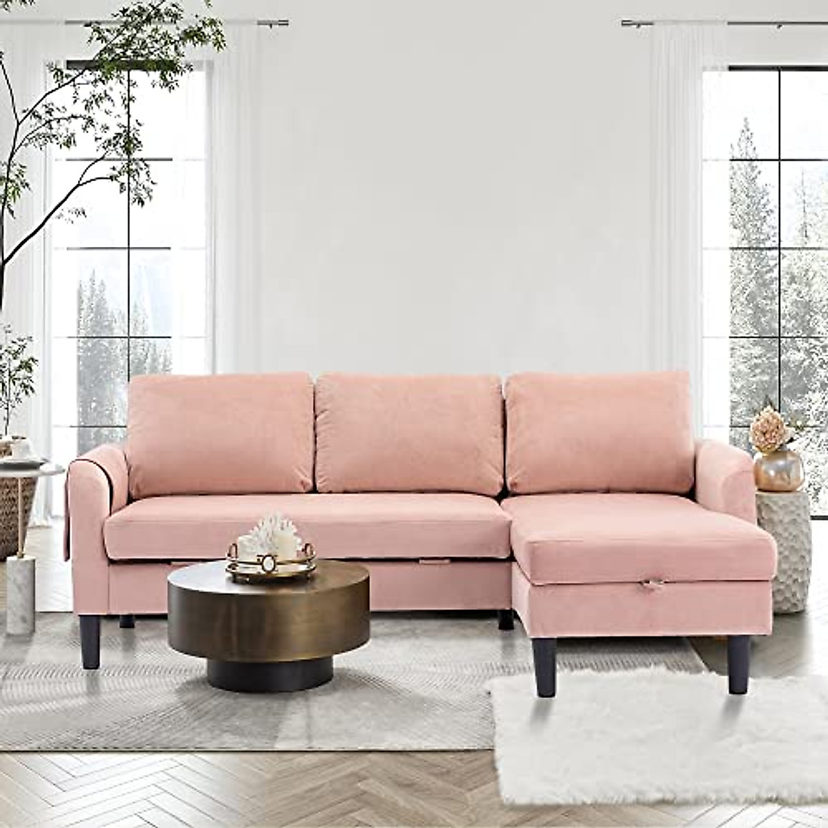 PEIHONGET Sleeper Sectional Sofa, 72.44" Velvet L-Shape 3 Seat with Pull Out Bed, Sectional Sofa Couch with Storage Chaise Living Room Bedroom Apartment(Pink)