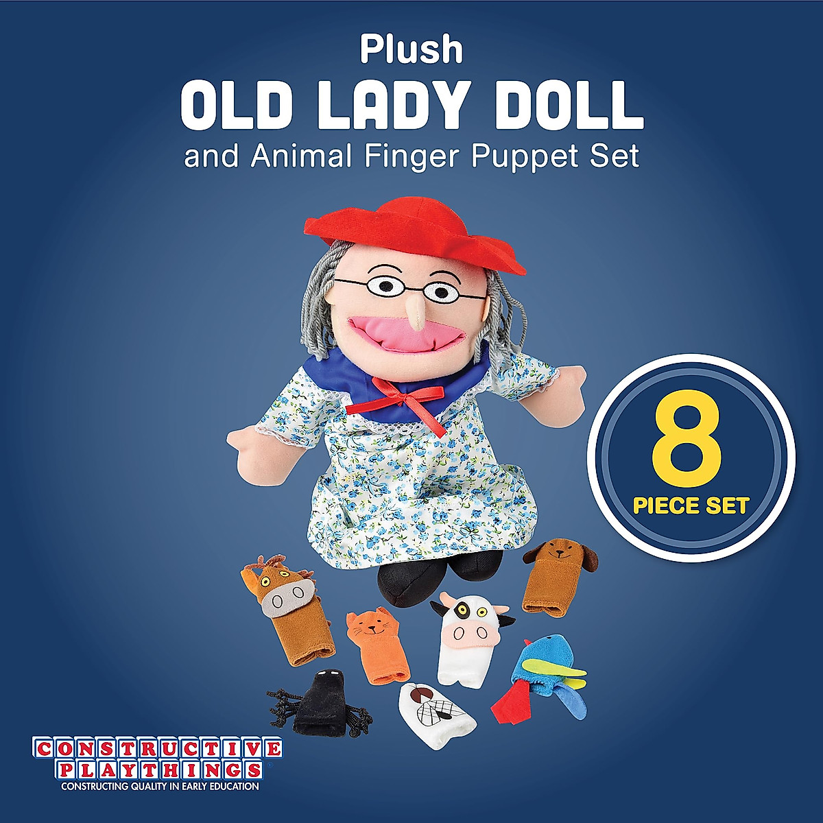 Constructive Playthings Plush "Old Lady" Doll and Animal Finger Puppet Props Set for "There Was An Old Lady Who Live Swallowed a Fly" Children's Book, For Kids Ages 3+