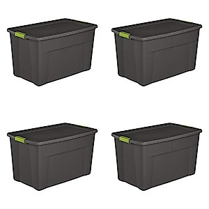 Sterilite 19453V04 35 Gallon/ 132 Liter Latch Tote, Flat Gray Lid & Base w/ Soft Fern Latches, 4-Pack