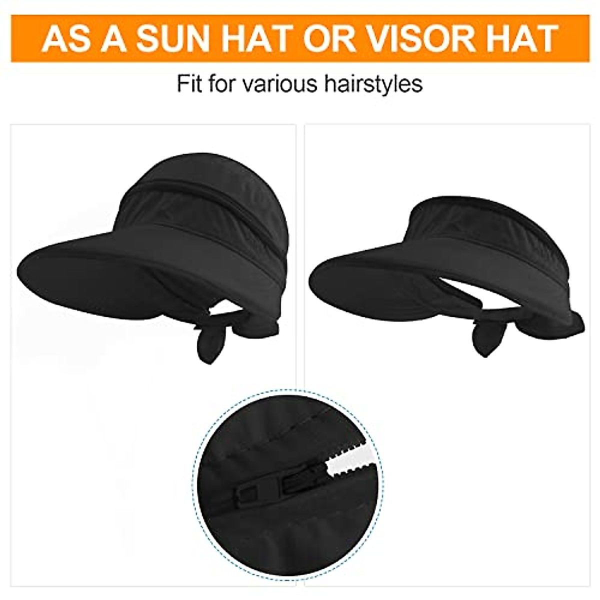 MEINICY Womens Sun Visor Hat Wide Brim, 2 in 1 Zip-Off Sun UV Protection Foldable Adjustable Visors Beach Hats for Women (2 Pack Black+White)
