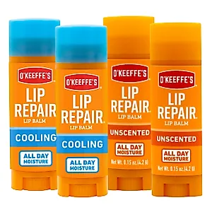 O'Keeffe's Lip Repair Lip Balm for Dry, Cracked Lips, Stick, (Pack of 4: 2 Cooling + 2 Unscented)