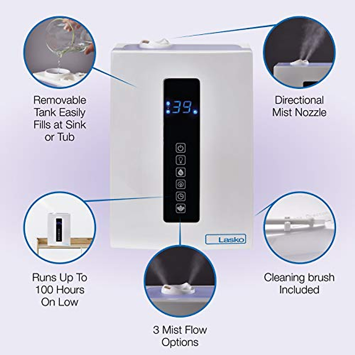 Lasko UH300 Warm and Cool Humidistat and Timer, Quiet, Soothing Ultrasonic Dual Mist Humidifiers for Baby Nursery, Bedroom, Kids, Large Room and Home, 4.9L Tank, No Filter, White