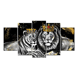 OuElegent 5 Piece Lion and Lioness Pictures Wall Decor King and Queen with Golden Crown Canvas Painting African Animal Poster Artwork for Living Room Bedroom Framed Ready to Hang