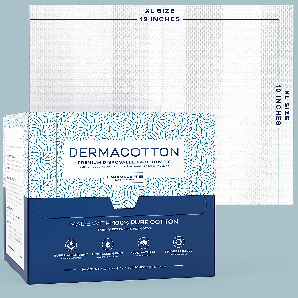 Dermacotton Disposable Cotton Face Towels – Super Soft Face Wipes, Hypoallergenic Makeup Remover Wipes, Suitable for All Skin Types Including Sensitive Skin – Biodegradable Facial Cloths (50 Pack)