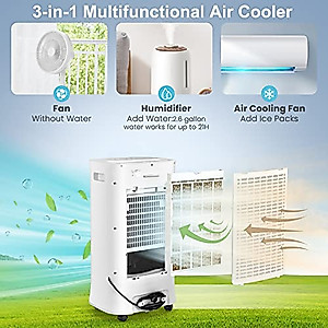 PETSITE Evaporative Air Cooler, 3-in-1 Portable Cooling Fan with Remote Control, 15H Timer, 2 Ice Packs, 2.6 Gal Water Tank, 3 Modes, 3 Speeds, Personal Swamp Cooler for Bedroom Home Office