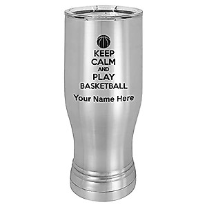 LaserGram 14oz Vacuum Insulated Pilsner Mug, Keep Calm and Play Basketball, Personalized Engraving Included (Stainless Steel)
