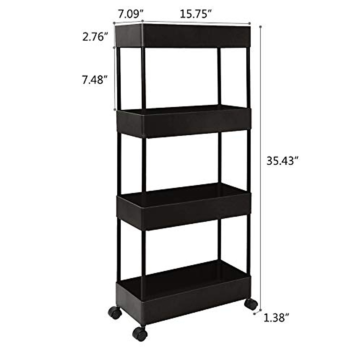 JAKAGO 4-Tier Utility Rolling Storage Cart Slim Mobile Shelves on Wheels Multi-Function Trolley with Mesh Basket Storage Organizer Rack for Kitchen Pantry Bathroom Laundry (Black)