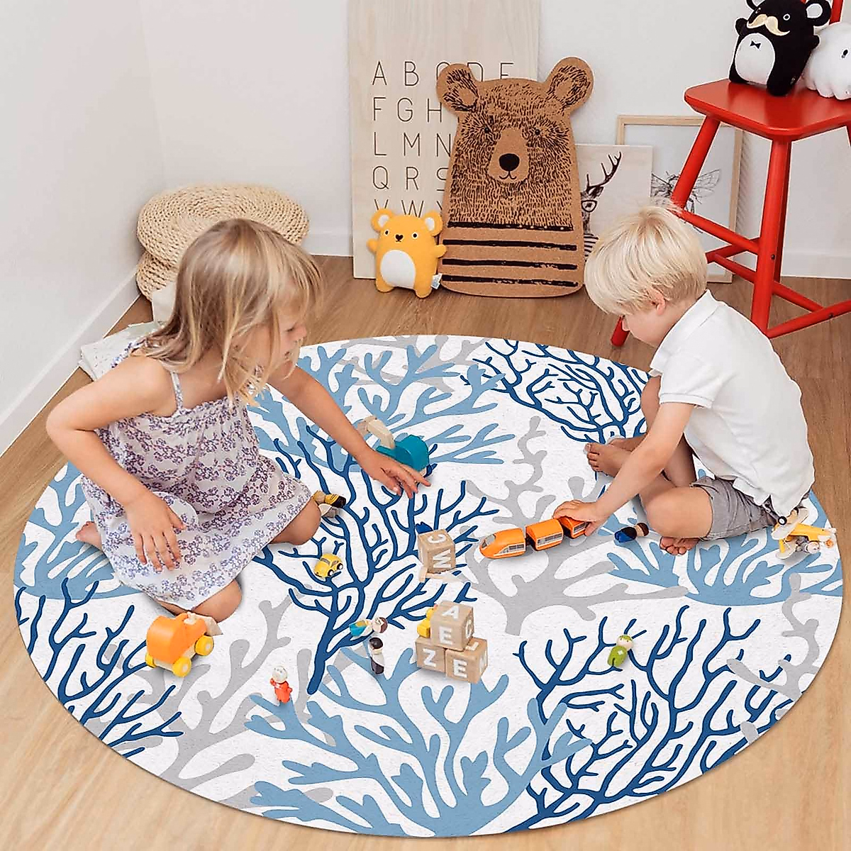 Huotupsine Navy Blue Coral Coastal Round Area Rugs, Summer Beach Non-Skid Children Playing Mat, Ocean Seaside Nautical 4ft Soft Circle Farmhouse Rugs for Living Room, Bedroom, Dining Room