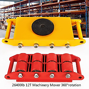 CNCEST 12T Industrial Machinery Mover, 4 PCS Carbon Steel Machinery Moving Skate with 8 PU Rollers and 360° Rotation Non-Slip Cap, Machinery Skate Dolly for Warehouse Factory, Yellow