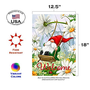 Toland Home Garden 1112626 Welcome Swing Gnome Spring Flag 12x18 Inch Double Sided Spring Garden Flag for Outdoor House Daisy Flag Yard Decoration
