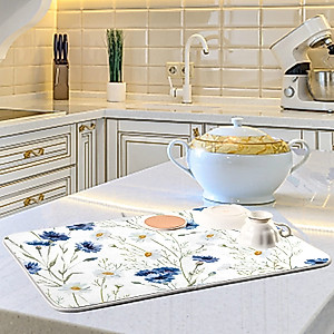 ElliTarr Daisy Floral Blue Dish Drying Mat for Kitchen Counter Microfiber Absorbent Dish Drainer Mat Small Kitchen Drying Rack Mat Heat Resistant Drying Pad for Counter 16 x 18