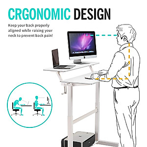 UNICOO – Crank Adjustable Height Standing Desk, 2 Tier Adjustable Sit to Stand up Desk, Mobile Standing Desk, Rolling Desk – (White Top/White Frame) 2T-Crank