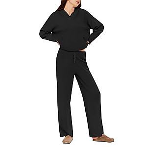 Pink Queen Women's 2 Piece Sweater Outfits Set Pullover Hoodie Top Wide Leg Pants Knit Sweatsuit Lounge Sets Black L
