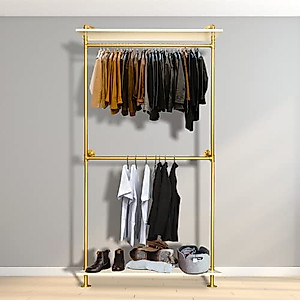 lesolar Industrial Pipe Double Hanging Rods Clothing Rack Gold Clothing Rack,90.55" H Wall Mounted Garment Rack Storage Clothes Hanging Shelf Suitable for Bedroom, Retail Clothing Store, Boutique