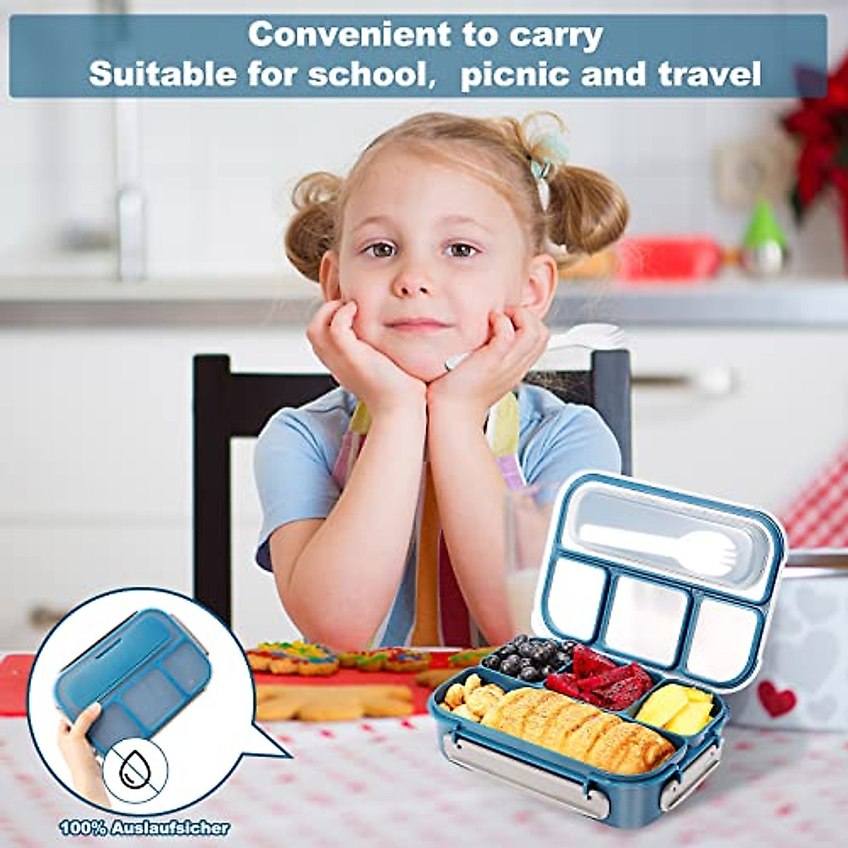 Bento Lunch Box for Kids,Bento Box Adult Lunch Box Containers,1300ML-4 Compartment Lunch Containers for Kids/Adults,with 7 Cake Cups 10 Food Picks,BPA-Free,Microwave Dishwasher Freezer Safe (Blue)