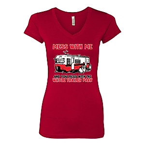 Mess with Me & You Mess with The Whole Trailer Park Cars and Trucks Womens Junior Fit V-Neck Tee, Red, XX-Large