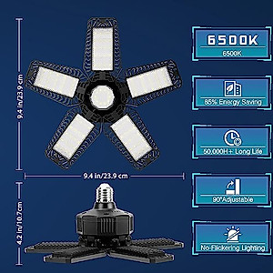 Garage Light - 2 Pack 160W 16500LM Bright LED Garage Light with 5+1 Transformable Panels, 6500k LED Garage Ceiling Lights Screw-In E26 E27 Bulb Socket Compatible Workshop Basement Storage Store