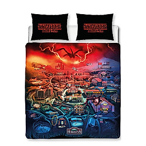 Stranger Things Character World Official Double Duvet Cover | Hawkins Town Map Design, Reversible Easy Care Bedding 2 Sided Duvet Quilt Set with Matching Pillow Cases, Multicolour Print