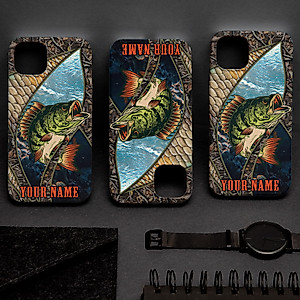 Personalized Bass Fish Fishermen Phone Case Custom Name Bass Fishing Leather Pattern Cute Protective Cover Customized Compatible with iPhone 14 12 13 11 Promax Samsung s23 s22 s21 s20 s10 Ultra