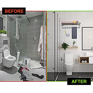 LELUXE Bathroom Towel Rack Shelves - SUS304 Stainless Steel Rustproof with Double Towel Bar & 5 Hooks, Shower Room Organizer, Shelf Holder, Bathroom Storage for Towels, Bathrobes, Shower Caddy, Brush