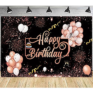 Rose Gold Happy Birthday Theme Fabric Sign Poster Banner Backdrop with Firework,Star,Balloons,Cakes Pattern for Brithday Photo Booth Background Party Decorations Supplies