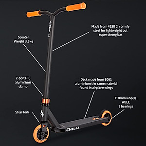 Chilli Base - Quality Freestyle Extreme Intermediate and Beginner Stunt Scooter for Ages 6 and up, 110 mm Wheels, HIC Compression System - Black/Orange