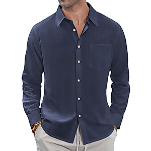 J.VER Men's Casual Button Up Linen Shirts Solid Long Sleeve Work Shirt Loose Fit Vacation Shirts with Pocket Navy Blue X-Large