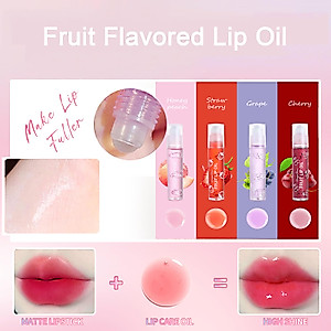 4Pcs Roll On Lip Oil Hydrating Lip Gloss Set, Lip Shine Fruit Lip Gloss, Transparent Plumping Lip Gloss Natural Shiny, Crystal Jelly Liquid Lipstick Long Lasting Lip Care Products for Women and Girl