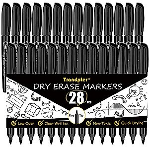 Trandpter Dry Erase Markers Fine Point, Low Odor Whiteboard Markers for Kids Teacher Classroom Supplies - Designed for White boards, Glass and Most Non-Porous Surfaces, Black, 28 Pack