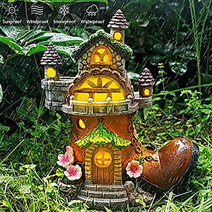 FORUP 10 Inch Fairy House Garden Statues with Boots, Fairy Garden Decor House Kit, Solar Powered Lights Garden Figurine for Outdoor Patio Lawn Yard Garden Decorations