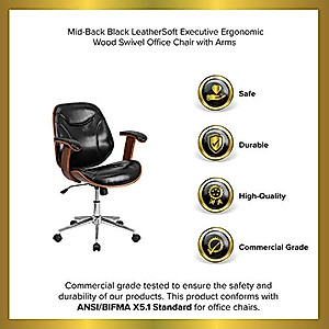 Merrick Lane Frederick Mid-Back Ergonomic Office Chair Executive Swivel Bentwood Frame Desk Chair in Black Faux Leather