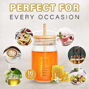 GIVAMEIHF16oz Honey Pot ,Glass Honey Jar with Dipper Stick-Extra Mason Jar Honey Dipper Lid,Glass Honey Dispenser,Honey Containers with Wooden Honey Dipper,Honey Holder,Honey Containers with Dipper,Honey Jar for Storing and Dispensing Honey,For Thank You