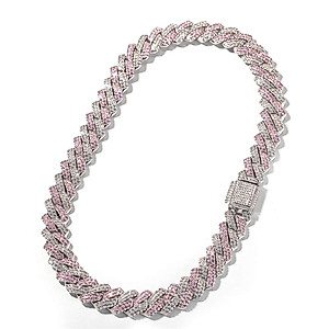 ICEDIAMOND 13mm Color Mixed Iced Out Miami Cuban Chain Necklace, Prong Setting Full Pink Clear CZ Diamond Hip Hop Choker Chain, Gold Plated Fashion Jewelry for Unisex (16'')