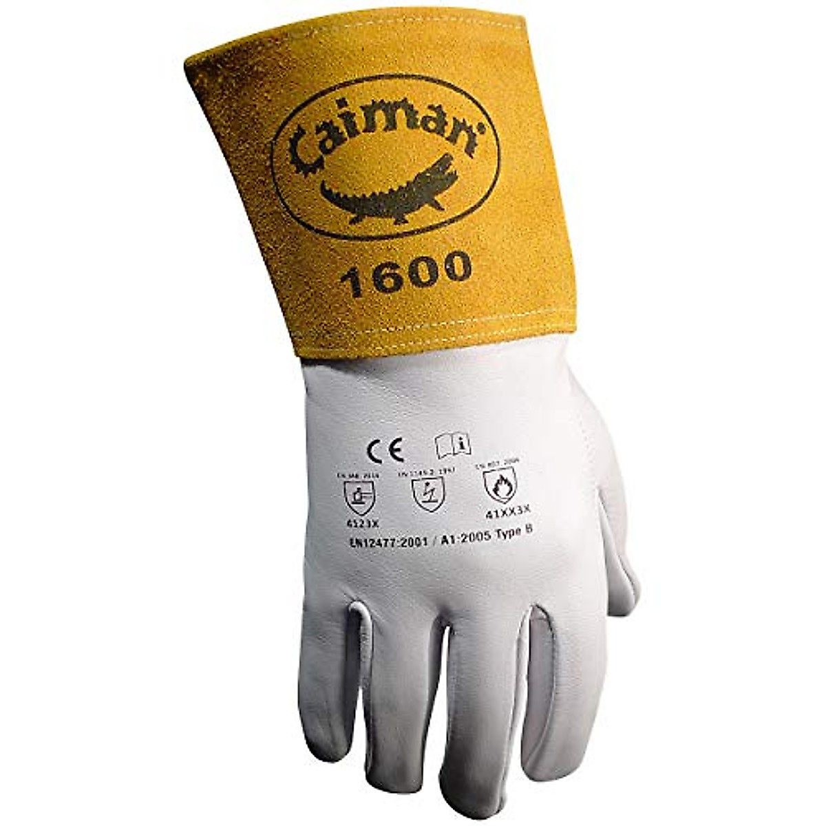 Caiman Premium Goat Grain TIG Welding Glove, 4-inch Gold Extended Cuff, Unlined, Kevlar Thread, 3-inch Carabiner, White, Medium (1600-4)