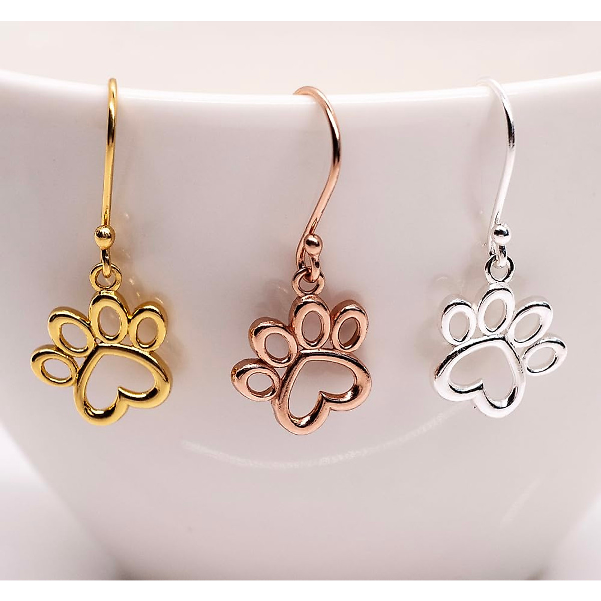 Hoops & Loops 925 Sterling Silver Puppy Dog Cat Pet Paw Print Love Heart Drop Dangle Hook Earrings for Women Men Teen Girls (Silver)